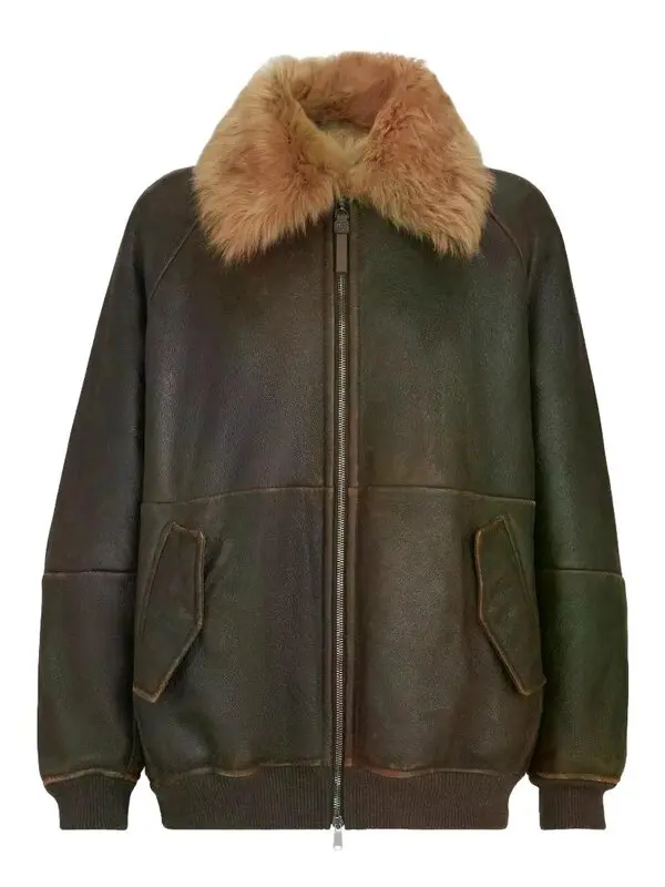 Brunello Cucinelli Shearling Lined Leather Bomber Jacket - Brown