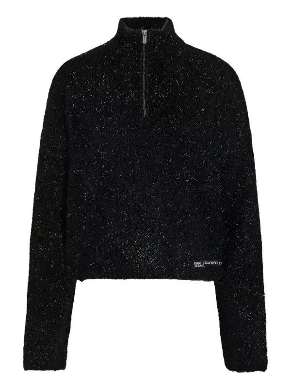 Karl Lagerfeld Fluffy Knit Half-zip Sweater With Metallic Accents - Black