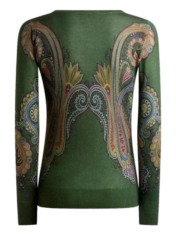 Etro V-neck Silk And Cashmere Sweater With Placed Paisley Print - Green