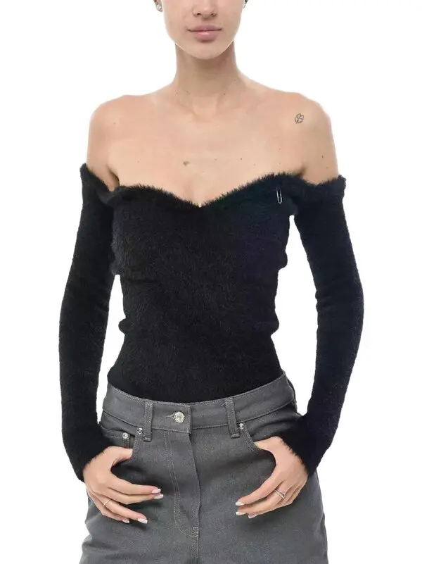 Off-White Fuzzy Sweetheart Neckline Sweater - Black