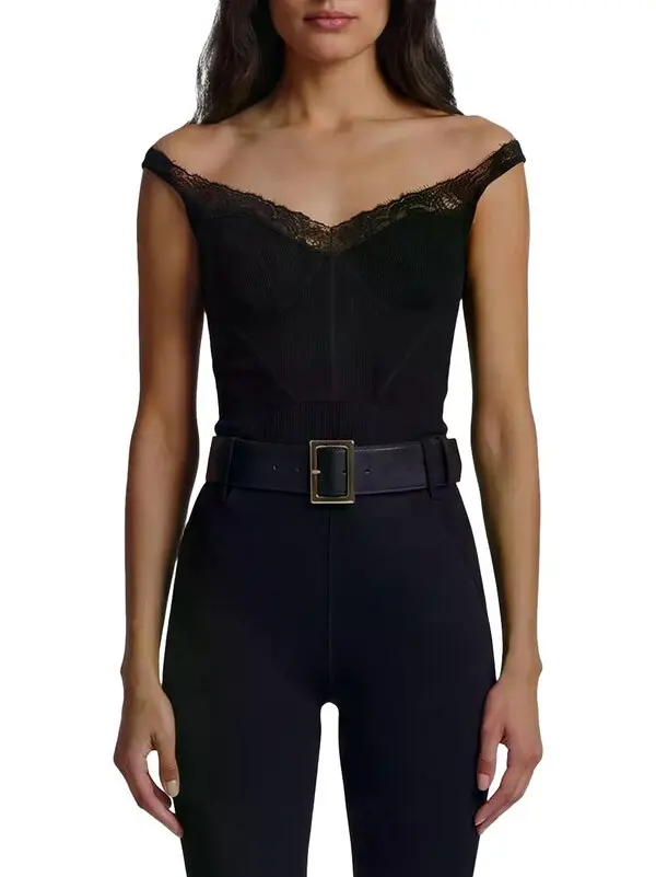 SELF-PORTRAIT Lace Trimmed Knit Vest - Black