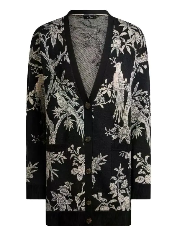 Etro Wool-blend Jacquard Cardigan With Nature Motif - Black