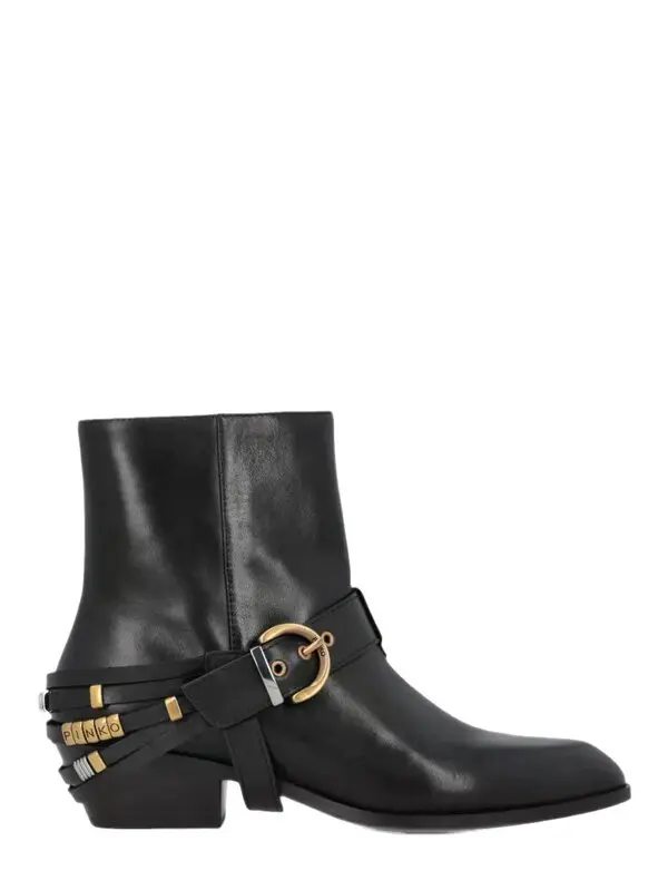 Pinko Leather Ankle Boots With Buckle Detailing - Black