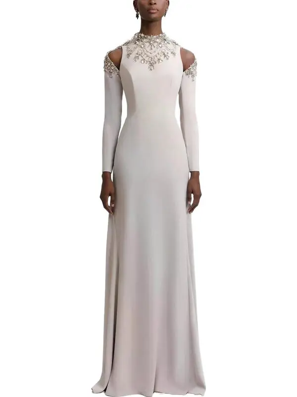GEMY MAALOUF Crystal-embellished Cold-shoulder Maxi Dress - Neutrals