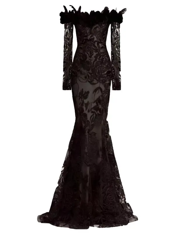 GEMY MAALOUF Off-the-shoulder Feathered Lace Gown - Black