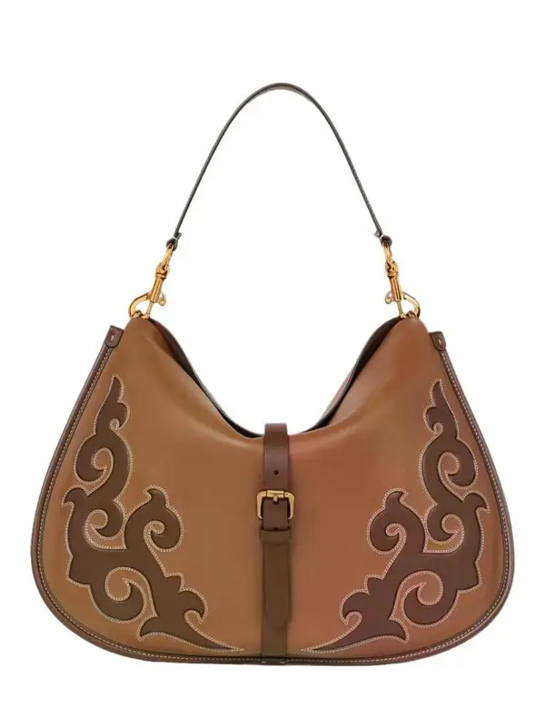 Etro Maxi Leather Bag With Texan Embroidery And Buckle Closure - Brown