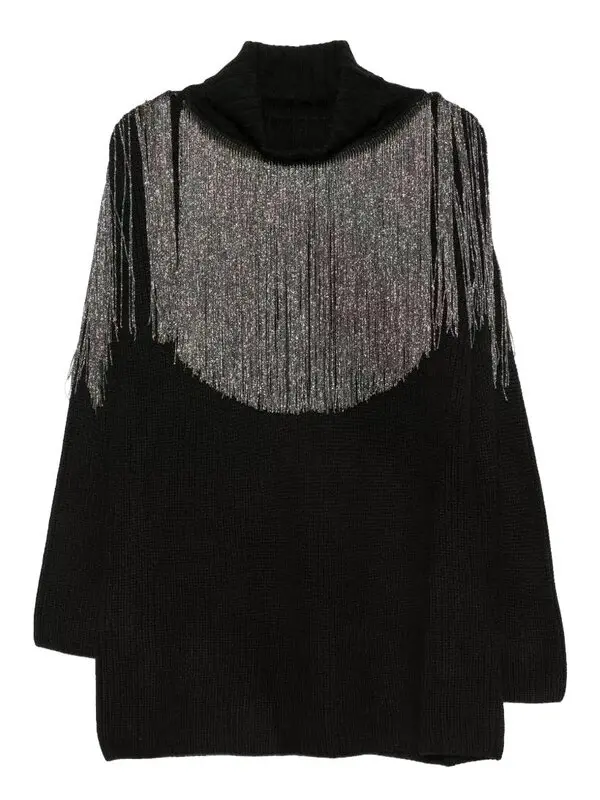 Pinko Knitted Roll Neck Sweater With Metallic Fringe Detailing - Black