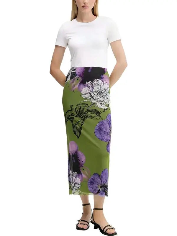 Desigual Floral Print Midi Skirt - Green