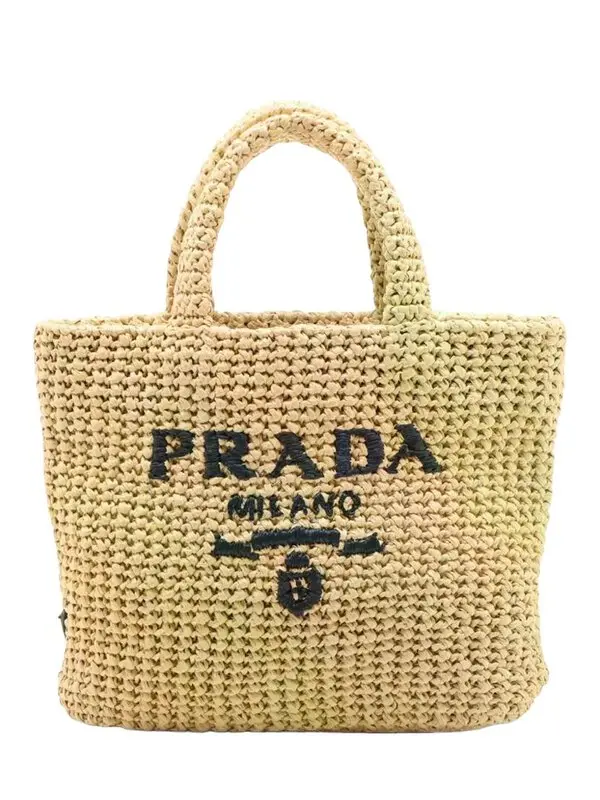Prada Small Raffia Effect Crochet Tote Bag - Neutrals