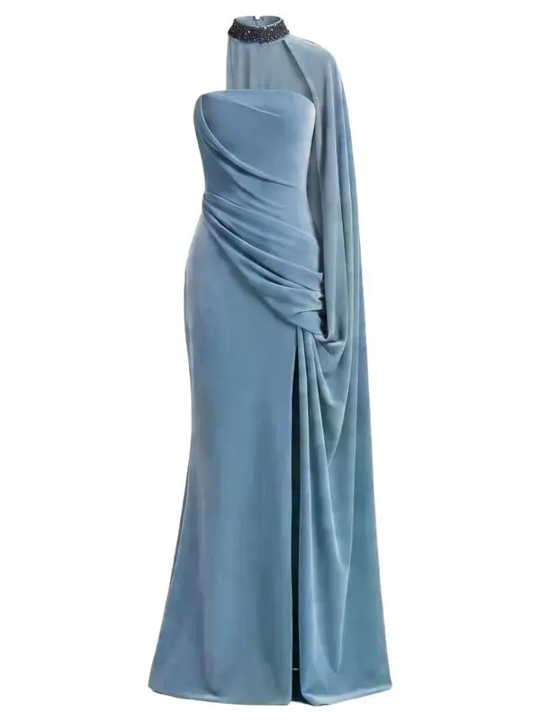 GEMY MAALOUF Beaded-collar Draped Gown - Blue
