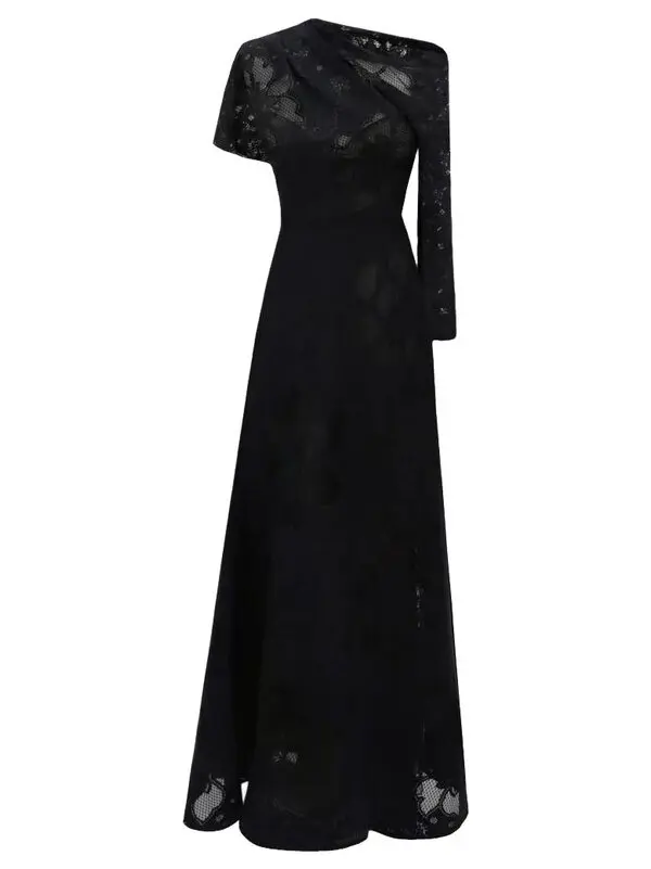 GEMY MAALOUF Asymmetrical Neckline Lace Overlay Dress - Black