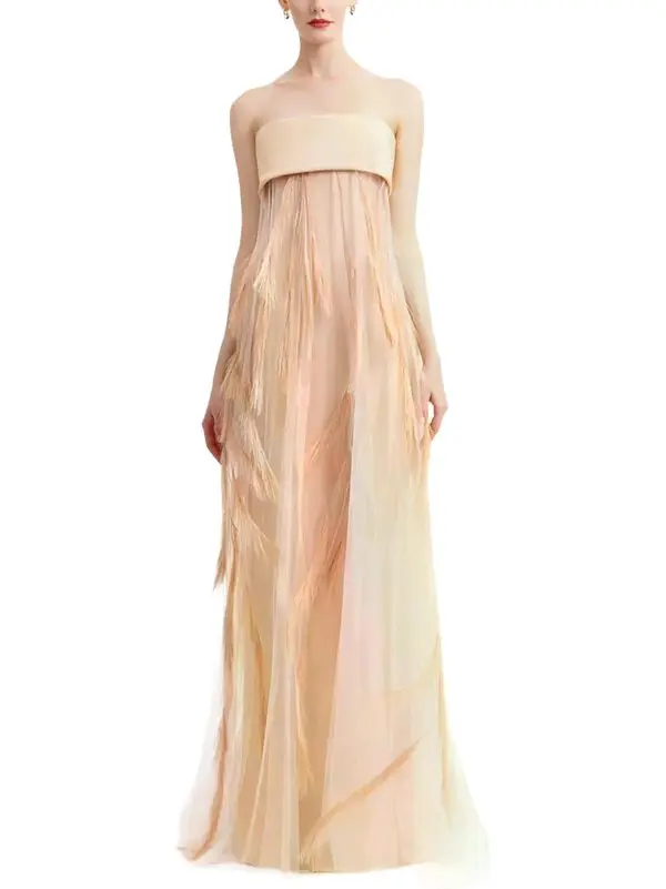 GEMY MAALOUF Feather-embroidered Strapless Gown - Neutrals