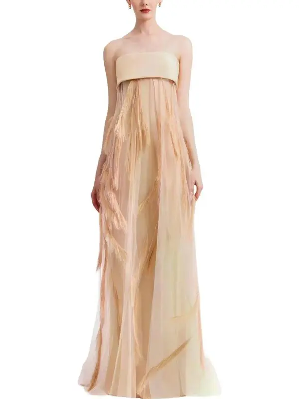 GEMY MAALOUF Feather-embroidered Strapless Gown - Neutrals