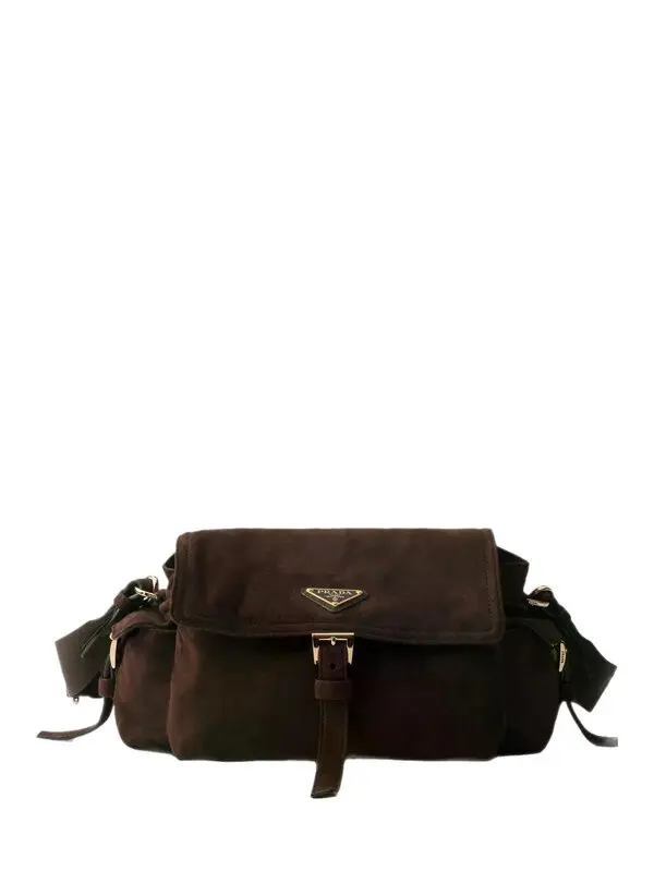 Prada Medium Suede Shoulder Bag With Flap - Brown