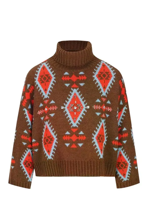COLOUR MARKET Crystal-embellished Intarsia-knit Roll Neck Sweater - Brown