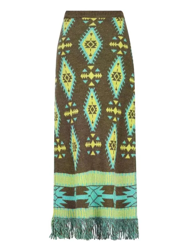 COLOUR MARKET Fringed Intarsia-knit Maxi Skirt - Green