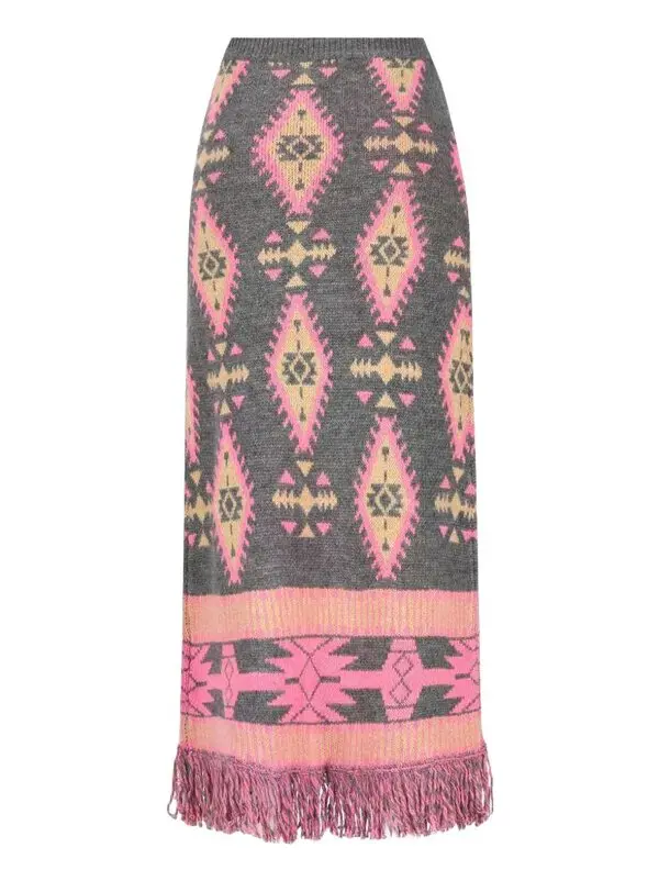 COLOUR MARKET Geometric Pattern Fringed Maxi Skirt - Grey