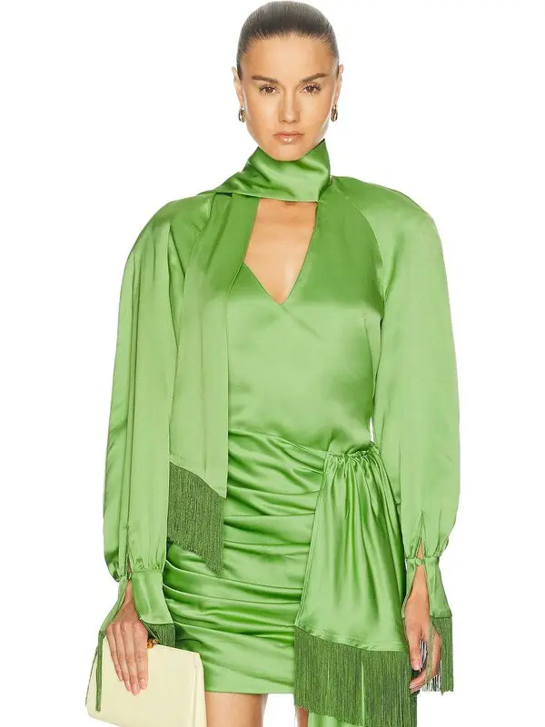 ROWEN ROSE Long Sleeve Fringe Top - Green