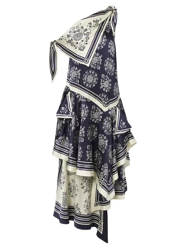 ALEMAIS Alémais Banderra Asymmetric Floral Silk Midi Dress - Blue