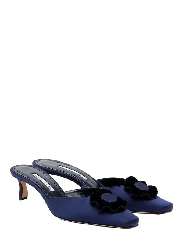 Manolo Blahnik Floral-appliqué Silk Satin Mules - Blue