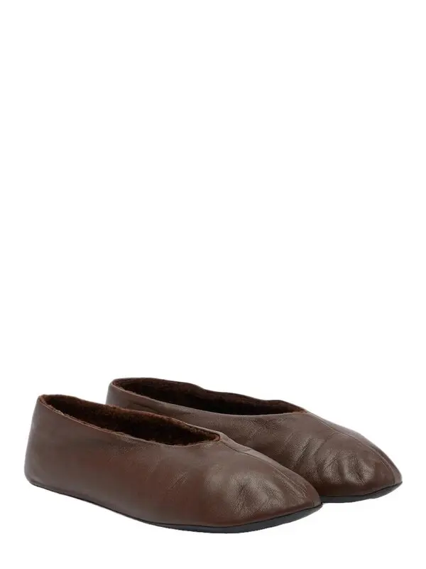 THE ROW Stella Shearling-trimmed Leather Ballet Flats - Brown