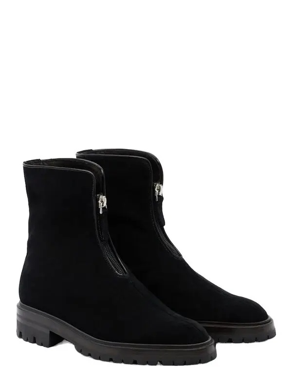 THE ROW Suede Zip Up Ankle Boots - Black