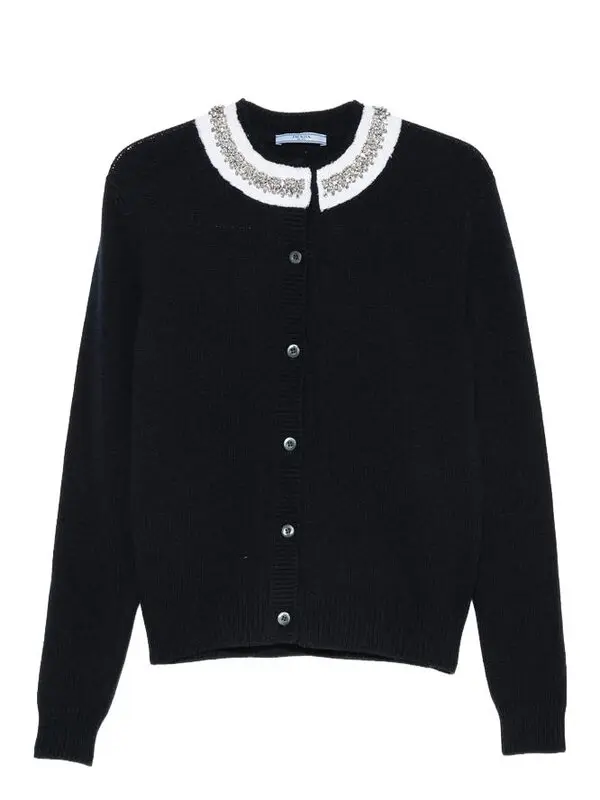 Prada Cashmere And Virgin Wool Cardigan With Crystal Embellishment - Blue