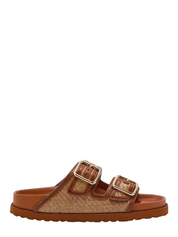 BIRKENSTOCK Arizona Framed Raffia And Leather Sliders - Camel