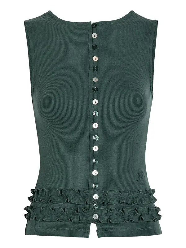 DAMSON MADDER Ember Ribbed Ruffle-trim Cotton-blend Tank - Green