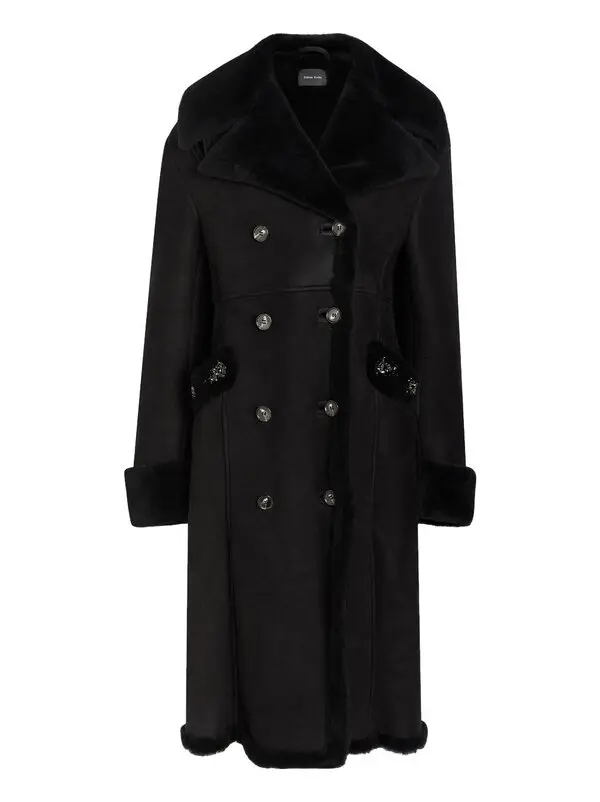 Simone Rocha Double-breasted Shearling Coat With Embellished Pockets - Black