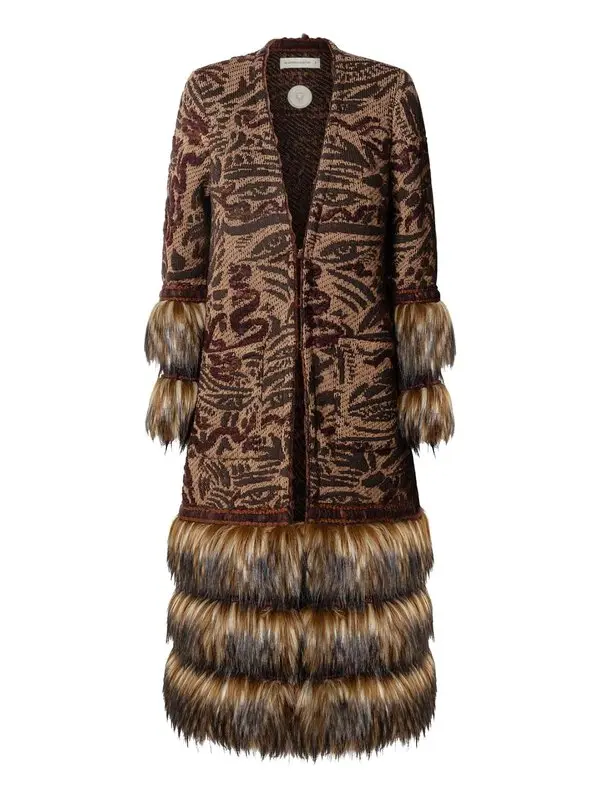 THE EXTREME COLLECTION Long Patterned Coat With Faux Fur Violetta - Brown