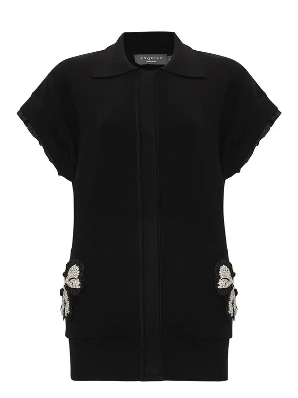 EXQUISE Embellished Pocket Collar Knit Vest - Black