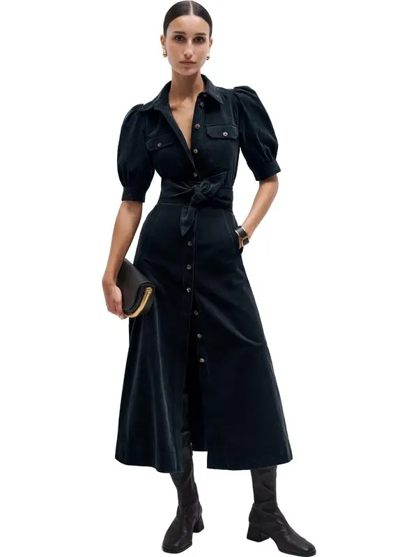 ME+EM Cord Fit And Flare Maxi Shirt Dress With Tie - Navy