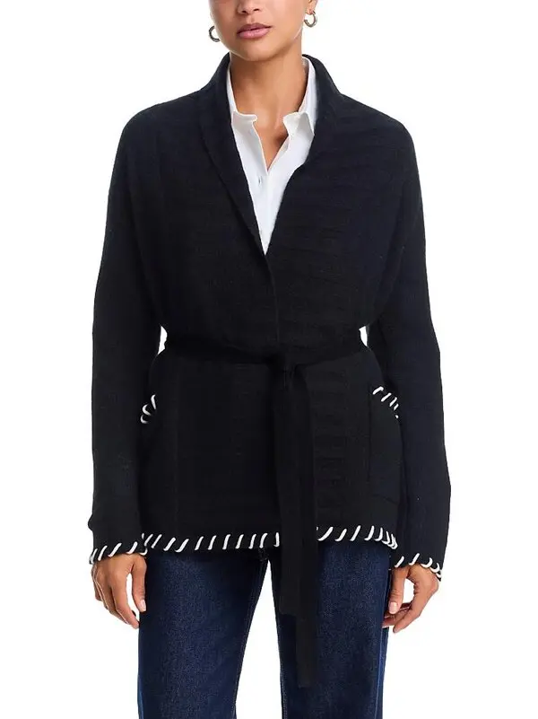 Bloomingdale'S Whipstitch Belted Cashmere Cardigan Sweater, Exclusive - Black/ivory