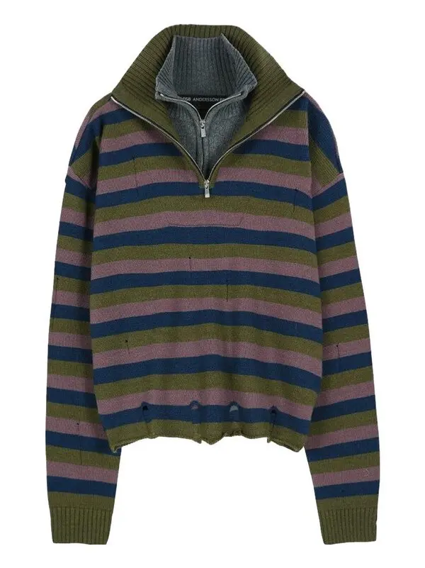 Andersson Bell Double Striped Half-zip Sweater With Distressed Details - Multicolor/blue/gray