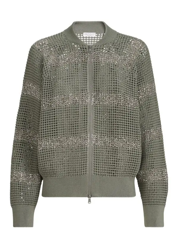 Brunello Cucinelli Open Knit Zip Sweater - Khaki
