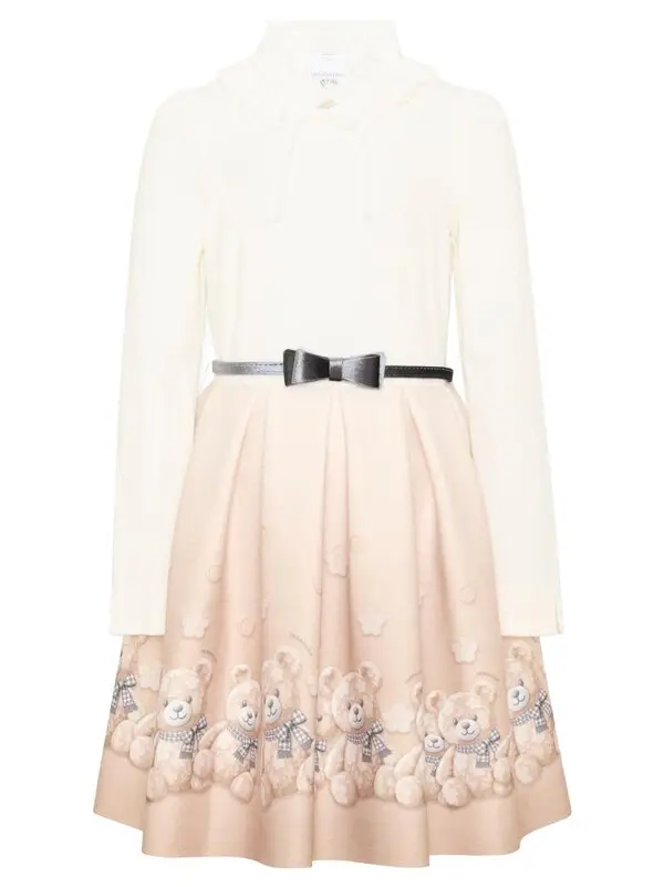 Monnalisa Teddy-print Ruffled-collar Dress - Ivory