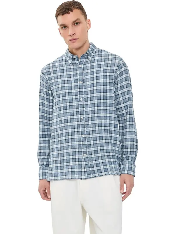 Officine Générale Arsene Waffled Button Down Shirt - White/blue/navy