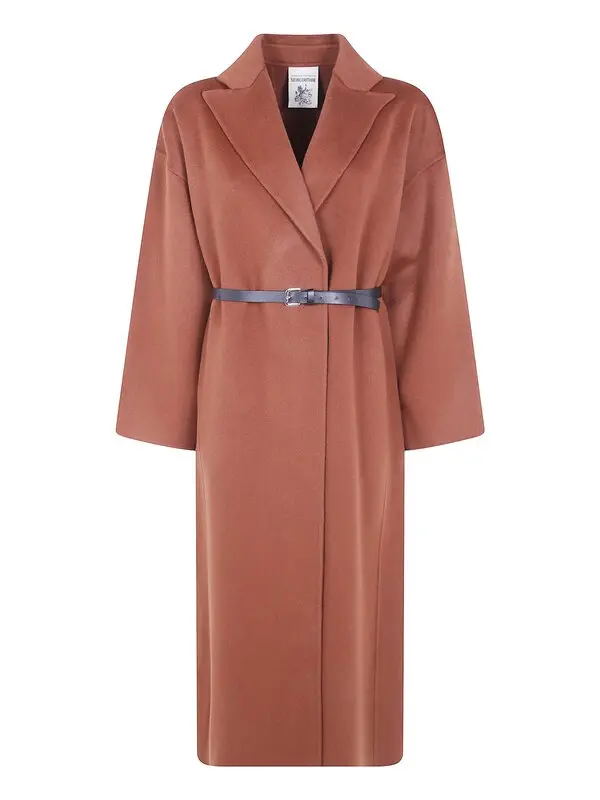 SEMICOUTURE Long Wool Coat With Leather Belt - Brown