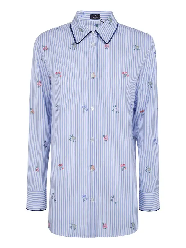 Etro Striped Floral Embroidered Cotton Shirt - Blue