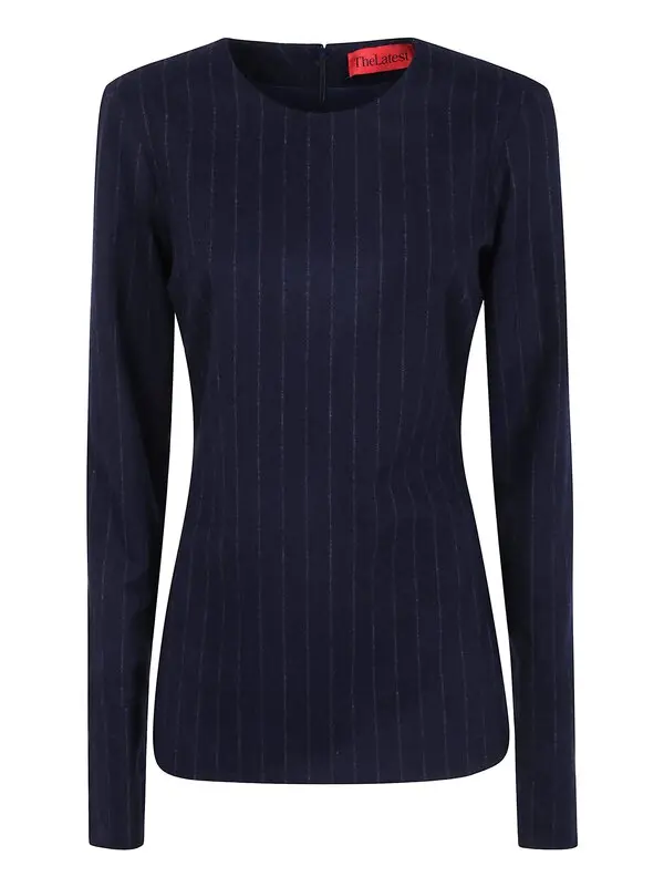 THELATEST Ribbed Round Neck Long Sleeve Sweater - Blue