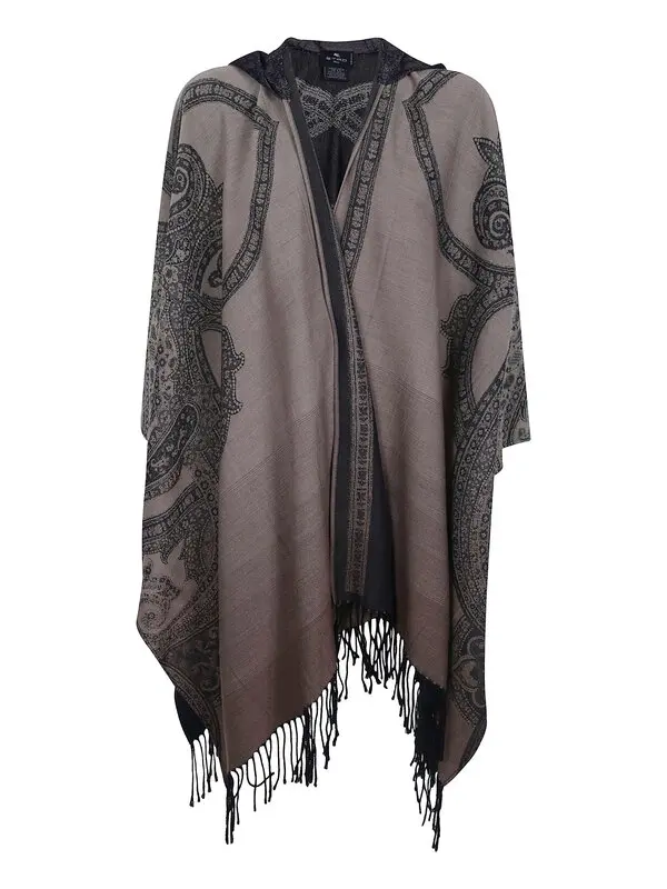 Etro Paisley Print Hooded Wool Poncho - Brown