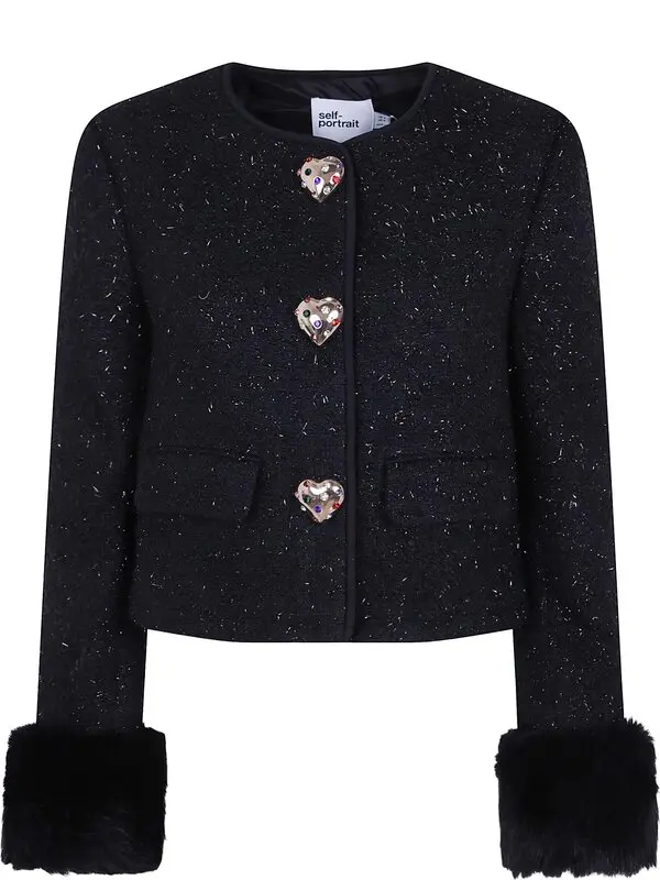SELF-PORTRAIT Metallic Boucle Jacket With Fur Cuffs - Black