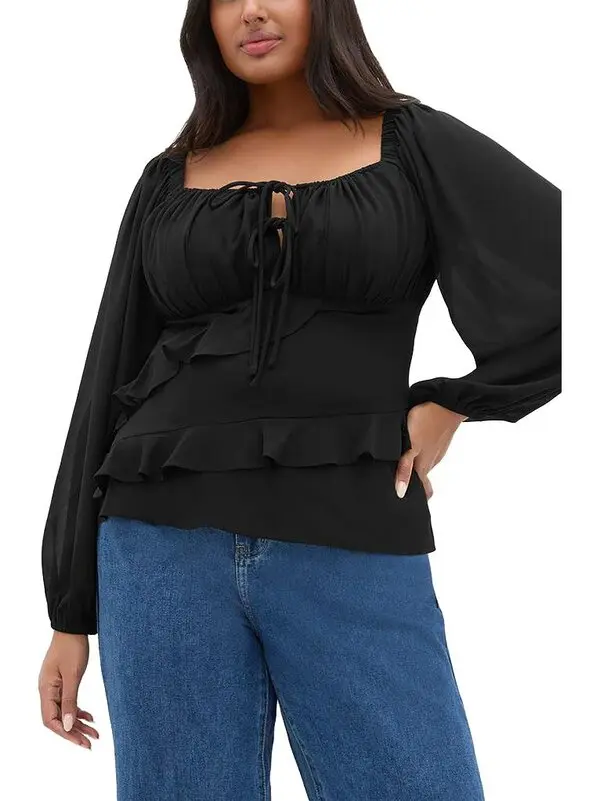 City Chic Shayla Ruffle Long Sleeve Top - Black