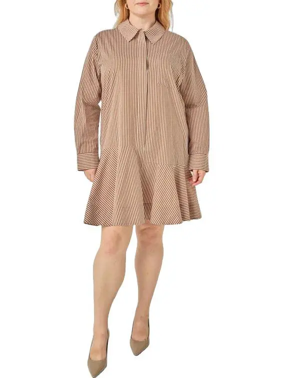 English Factory Striped Long Sleeve Flared Skirt Shirtdress - Brown
