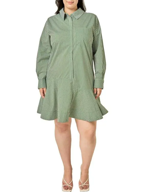 English Factory Striped Long Sleeve Flared Skirt Shirtdress - Dark Olive