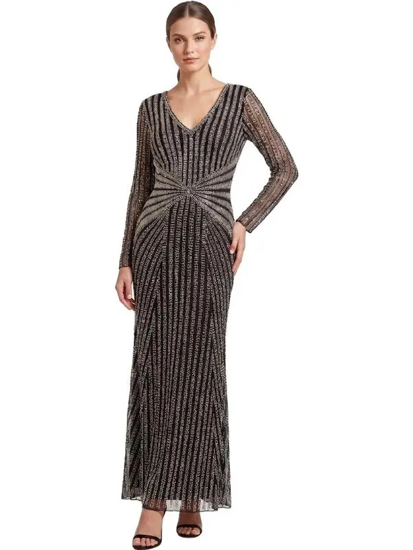 LARA NEW YORK Long Sleeve Beaded Gown - Black Silver