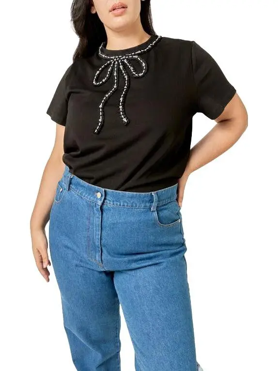 English Factory Pearl-embellished Bow T-shirt - Black