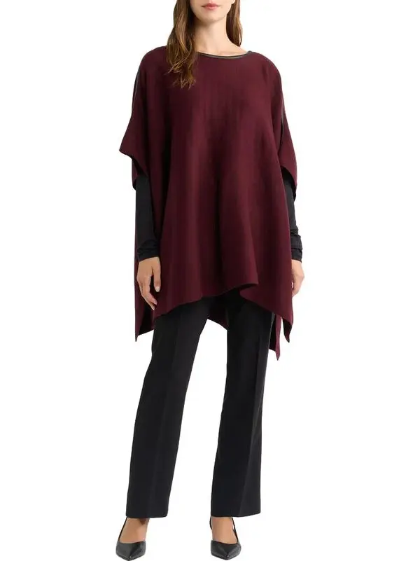 Anne Klein Faux Leather Trim Knit Cape - Barolo