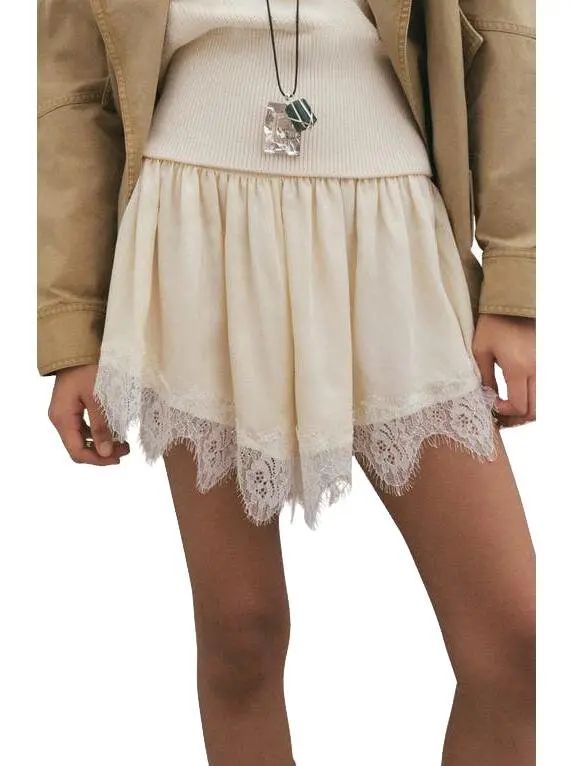 Mango Satin Lace Shorts - Ecru